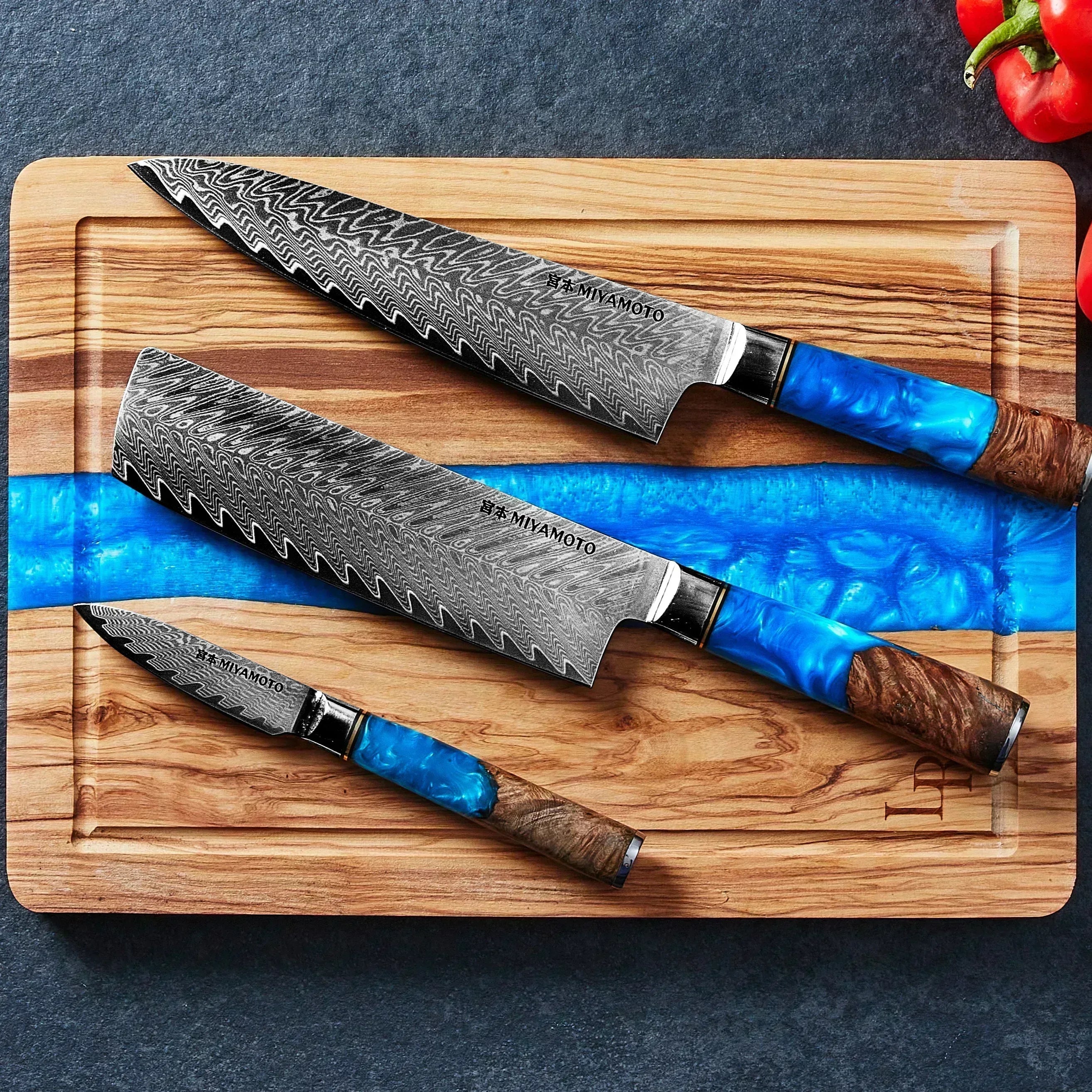Miyamoto Japanese Knife Damascus Knife 3 Set – Lux Resin